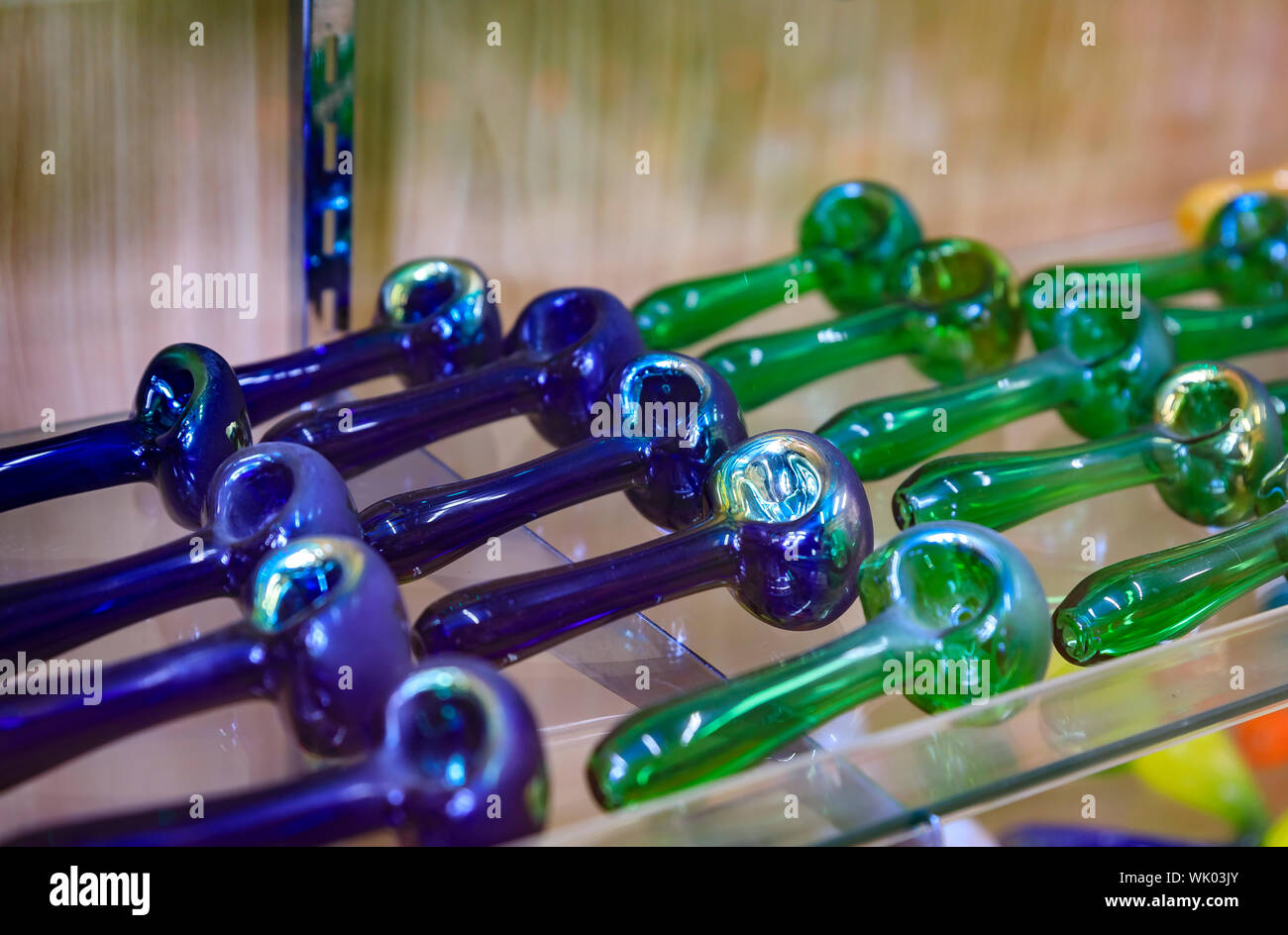 Display of glass pipes for smoking medicinal and recreational marijuana ...