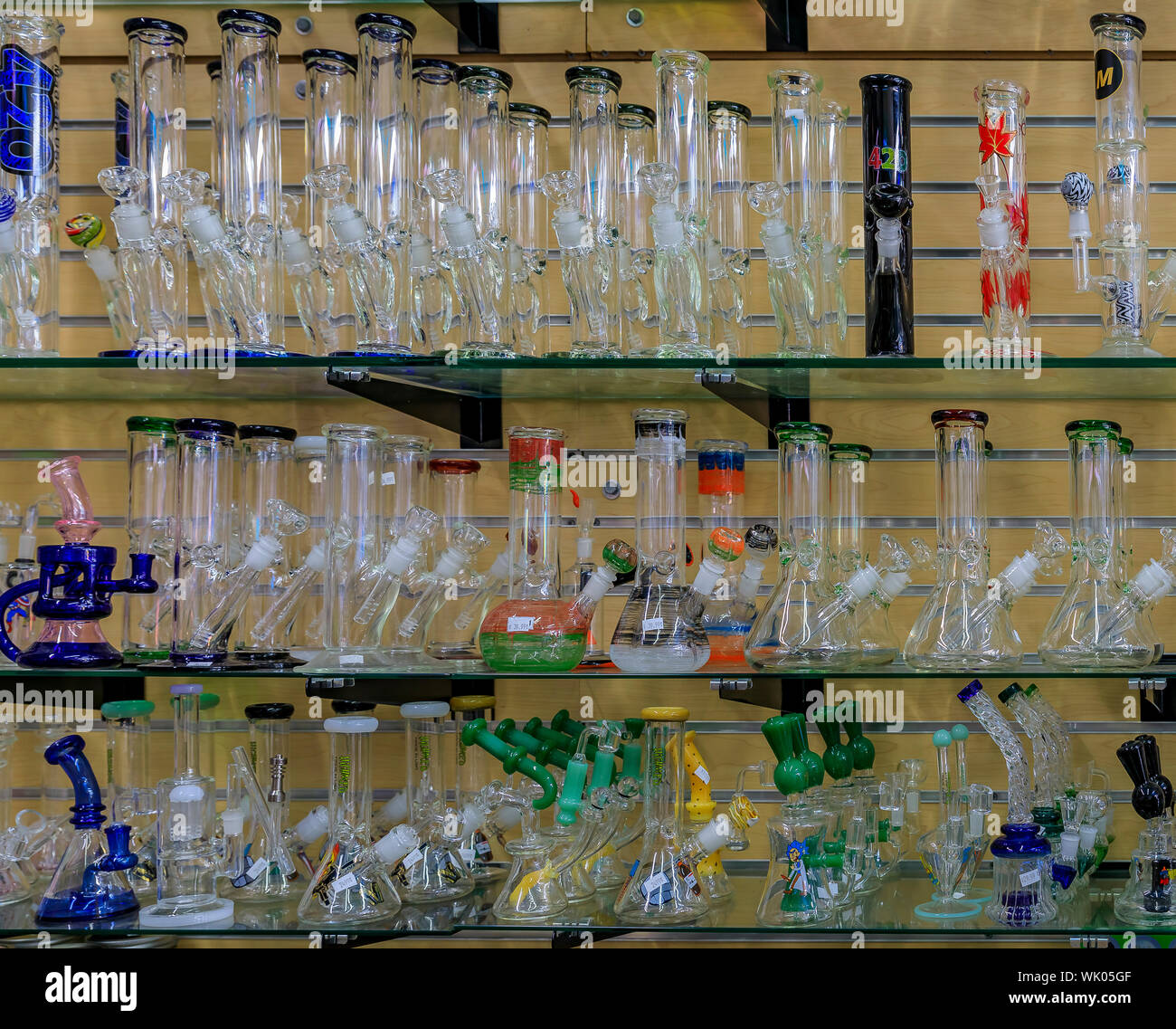 San Francisco, USA - July 04, 2019: Display of glass bongs for smoking ...
