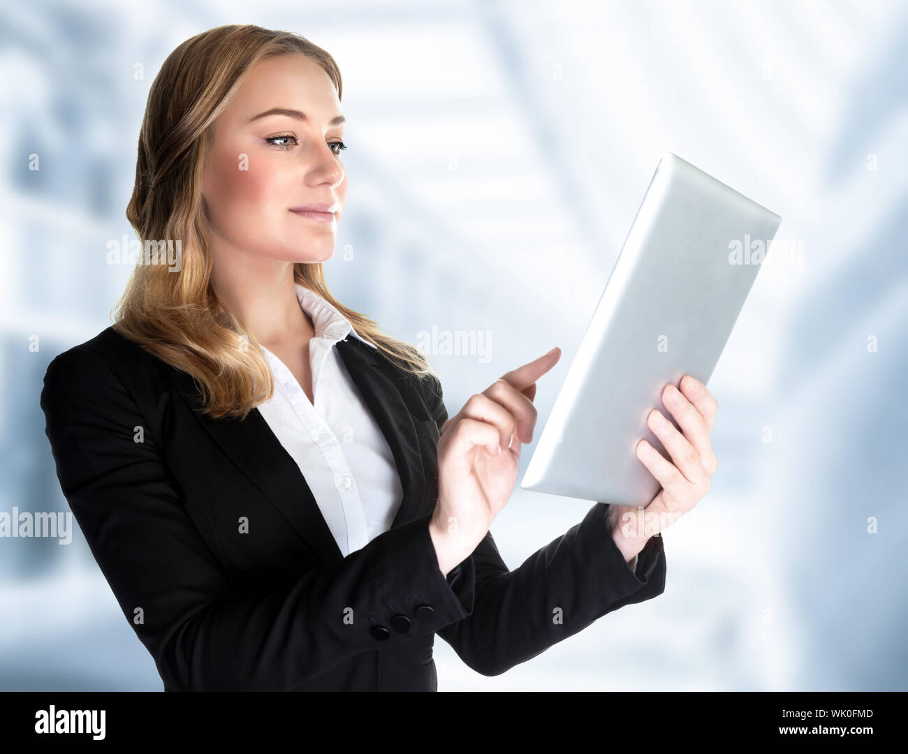 Closeup portrait of beautiful confident business lady working with ...