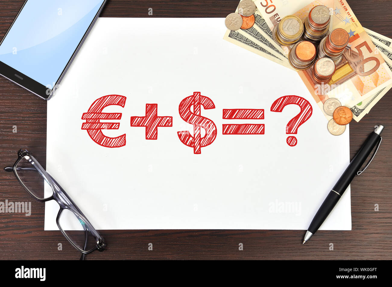 Office desktop, paper with business formula and money Stock Photo - Alamy