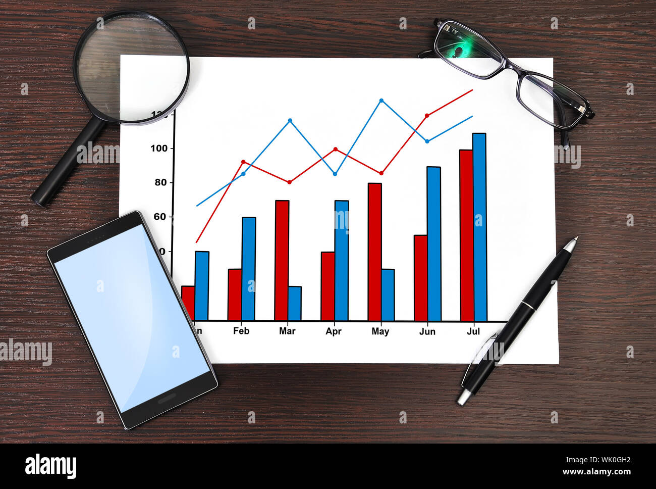 Office desktop, paper with business graphic Stock Photo - Alamy