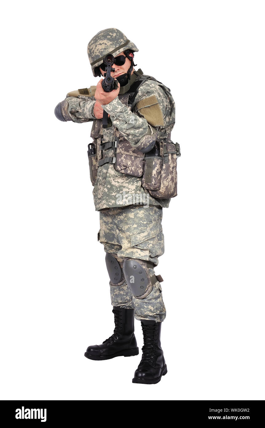 soldier with his assault rifle on white background Stock Photo - Alamy