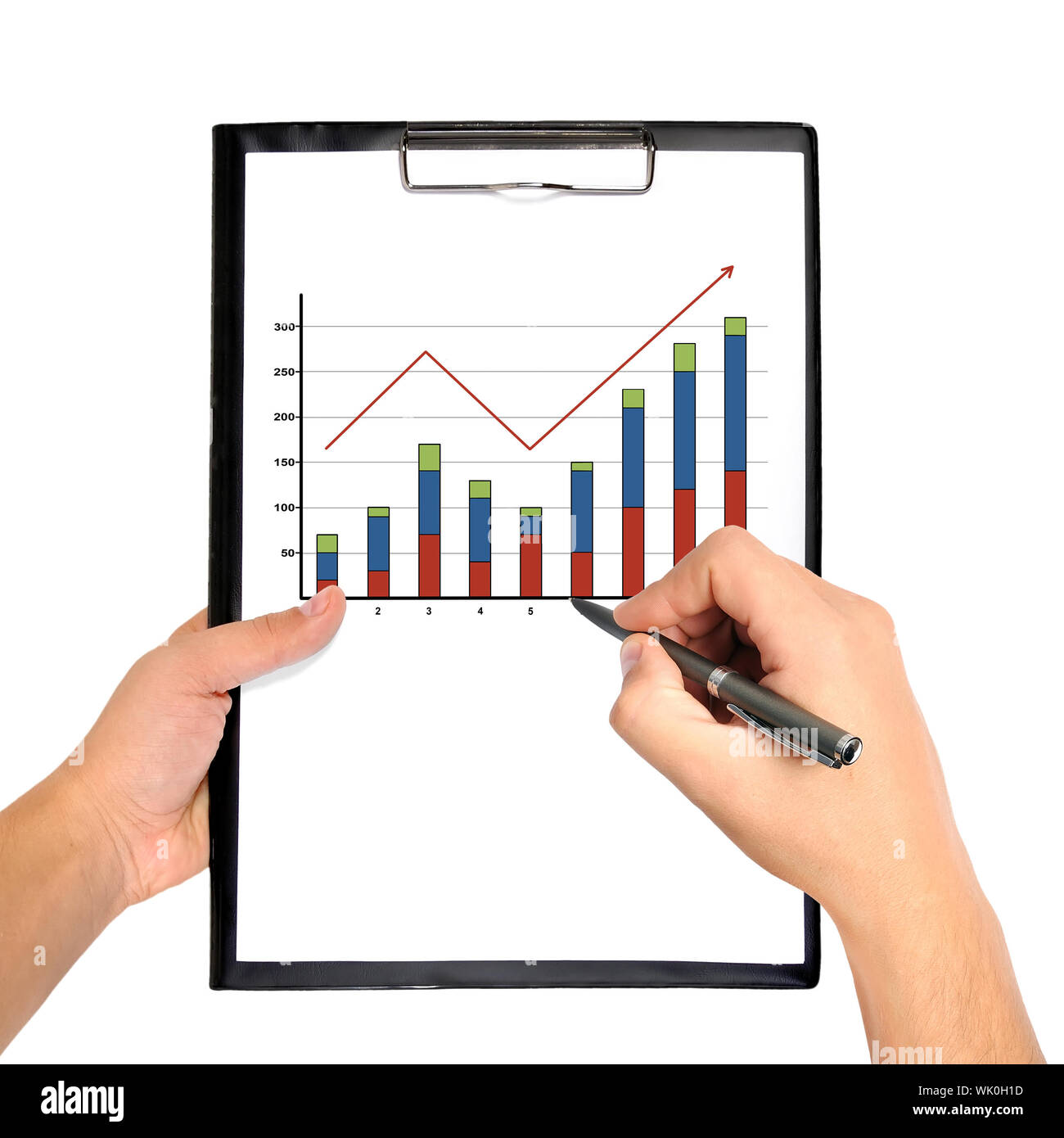 hand holding clipboard with chart on a white background Stock Photo - Alamy