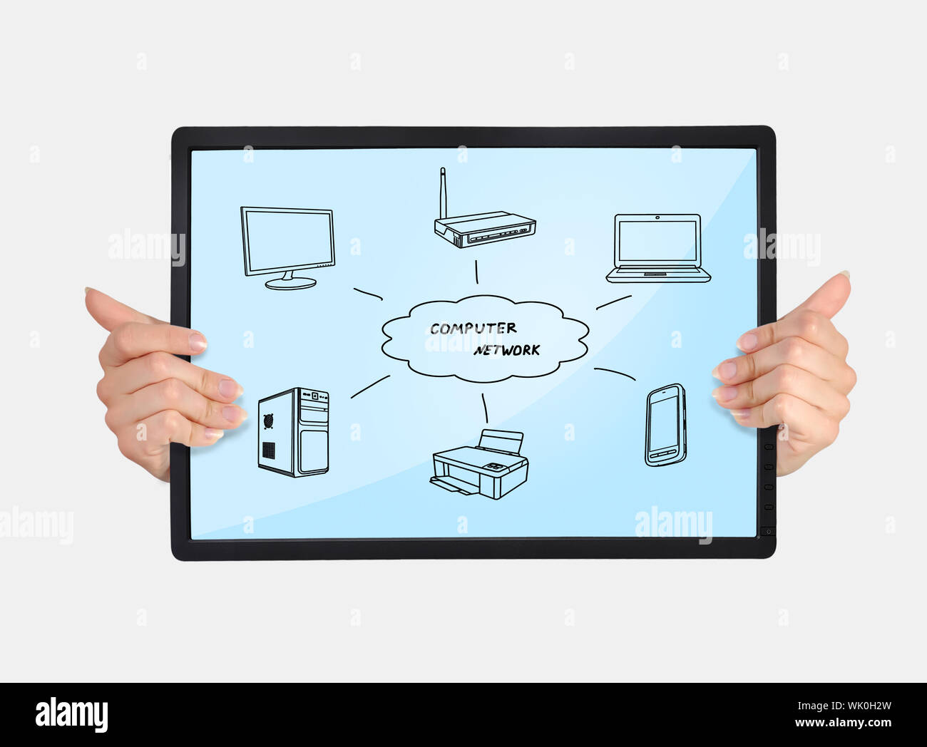 tablet with computer network in hands on a white background Stock Photo ...