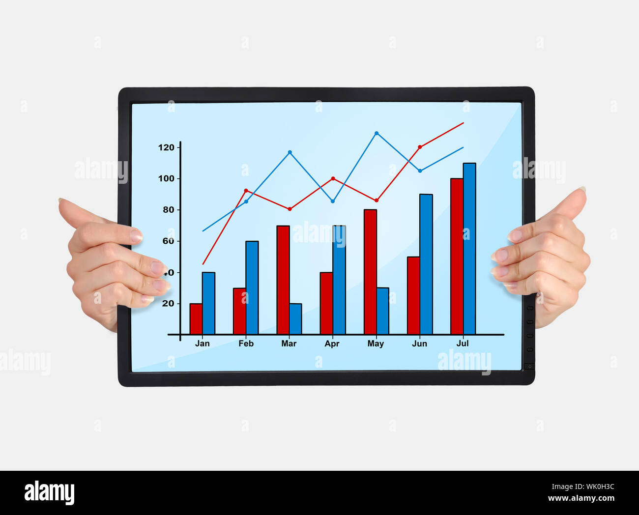 tablet with chart in hands on a white background Stock Photo - Alamy