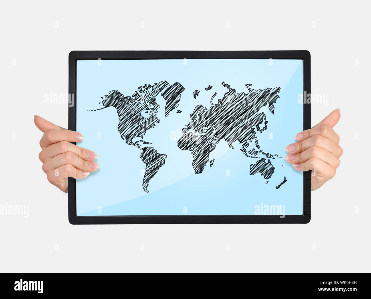 tablet with world map in hands on a white background Stock Photo - Alamy