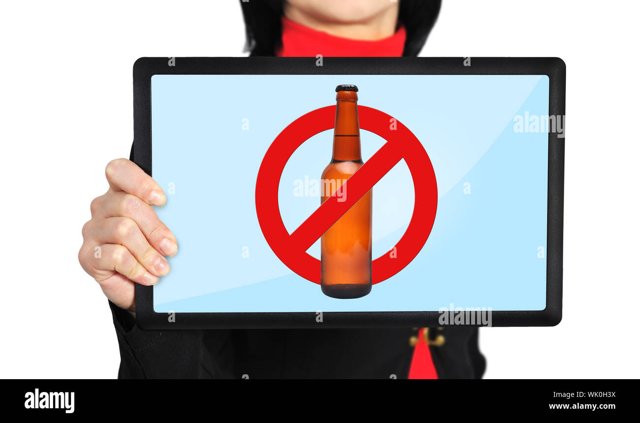 woman holding touch pad with no alcohol symbol Stock Photo - Alamy