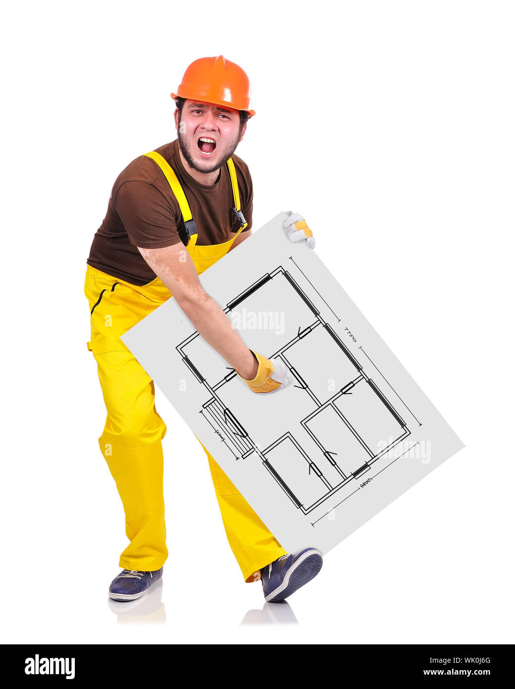 builder holding poster with drawing plan apartment Stock Photo - Alamy