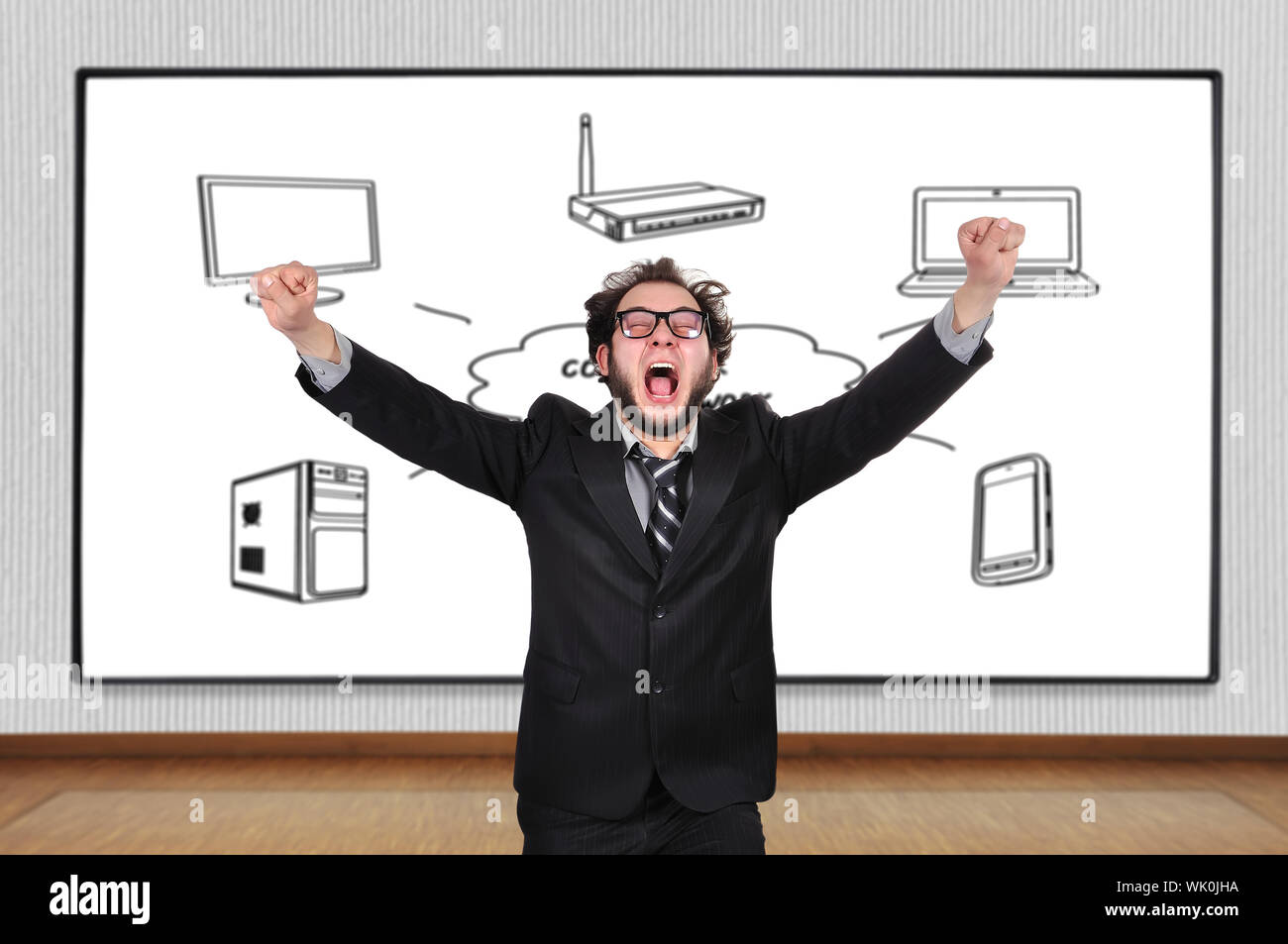 crazy businessman and blackboard with computer network Stock Photo - Alamy
