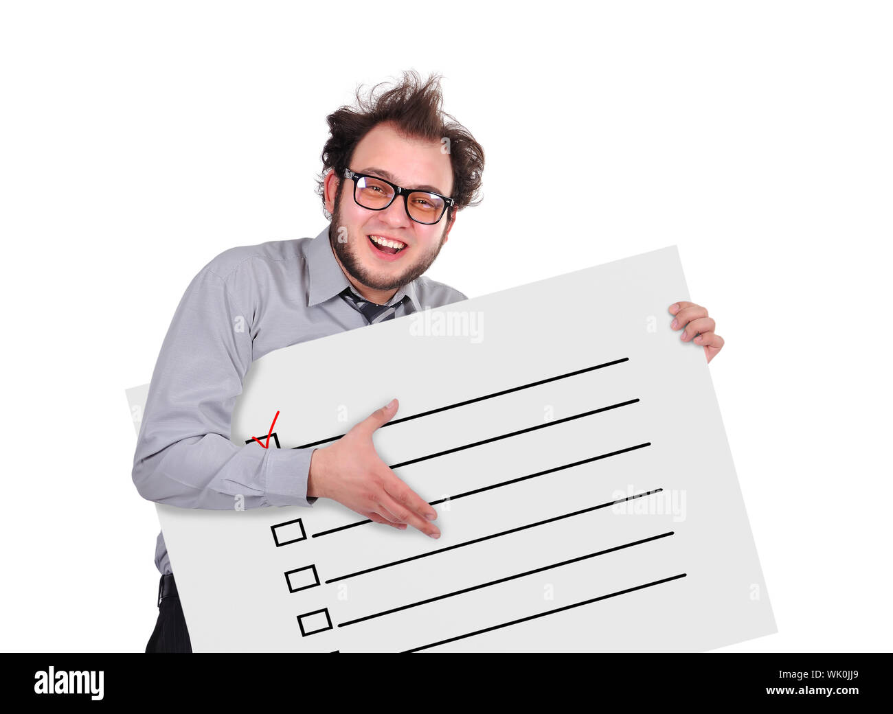 crazy businessman holding signboard with check box Stock Photo - Alamy