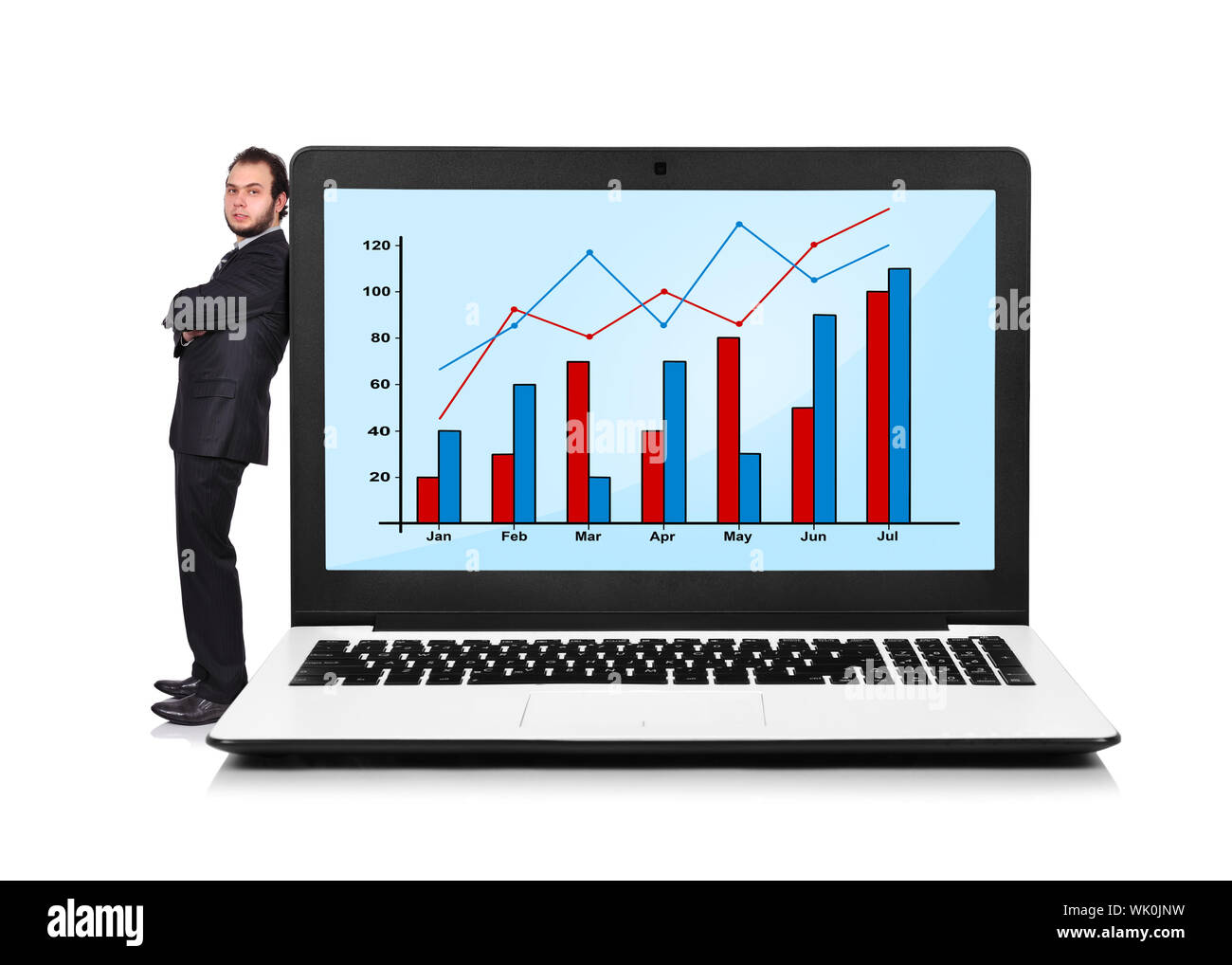 Businessman leaning on a laptop with chart Stock Photo - Alamy