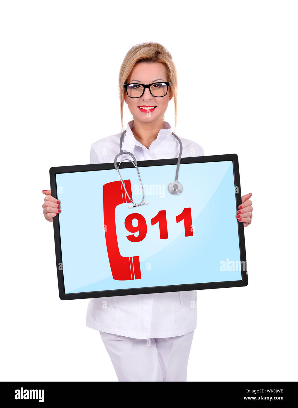 doctor pointing at 911 symbol on touchpad Stock Photo - Alamy