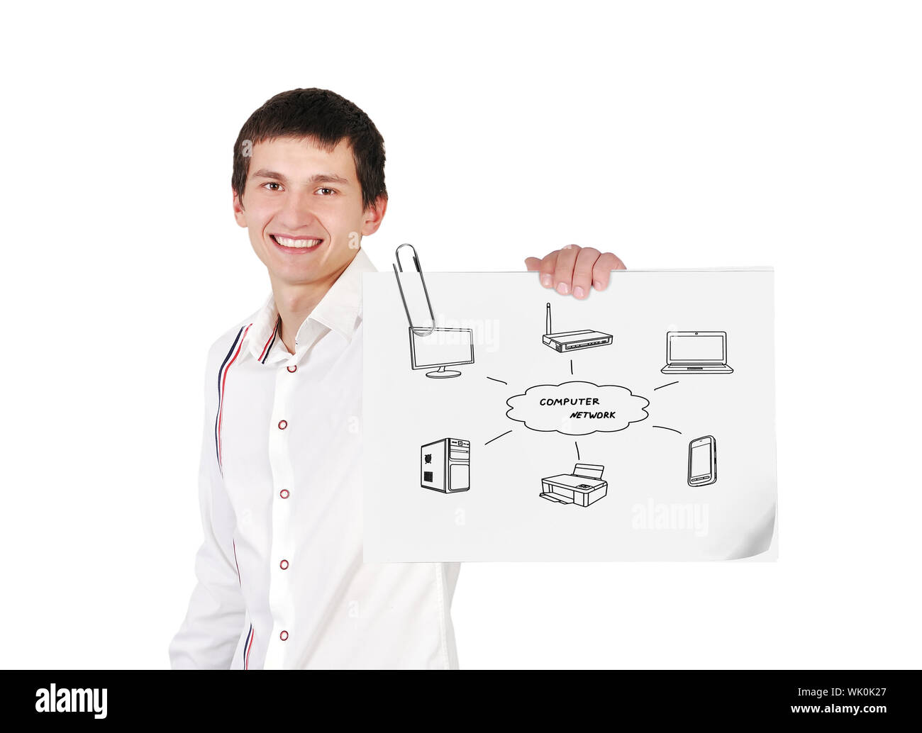 guy holding poster with computer network Stock Photo - Alamy