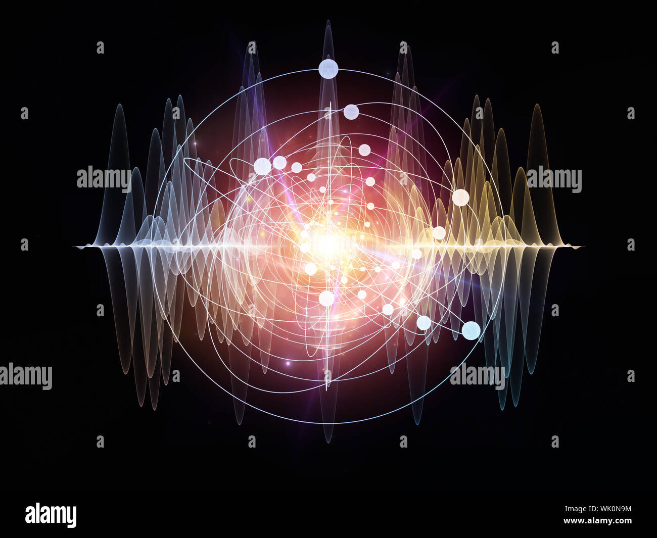 Abstract concept of atom and quantum waves illustrated with fractal ...