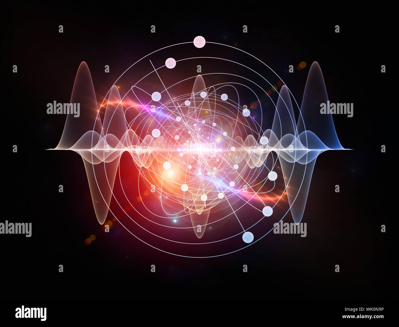 Abstract concept of atom and quantum waves illustrated with fractal ...