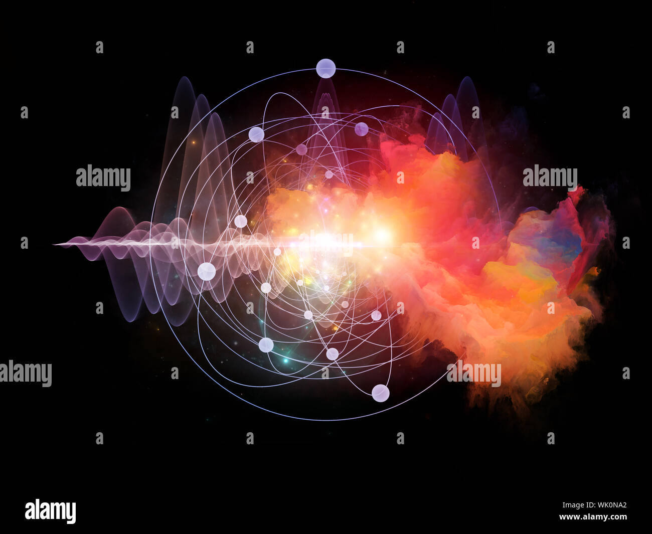 Abstract concept of atom and quantum waves illustrated with fractal ...