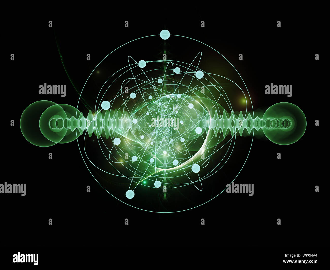 Abstract concept of atom and quantum waves illustrated with fractal ...