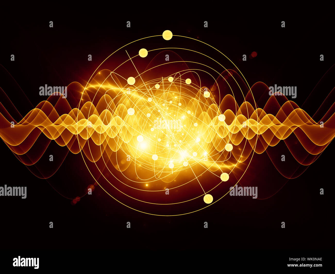Abstract concept of atom and quantum waves illustrated with fractal ...