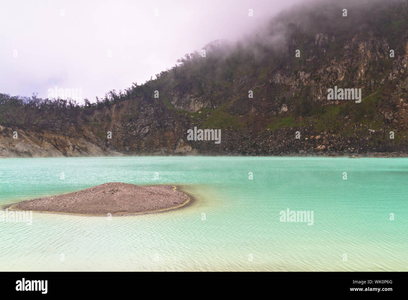 Sand island in the volcanic crater lake in Bandung highland in West ...