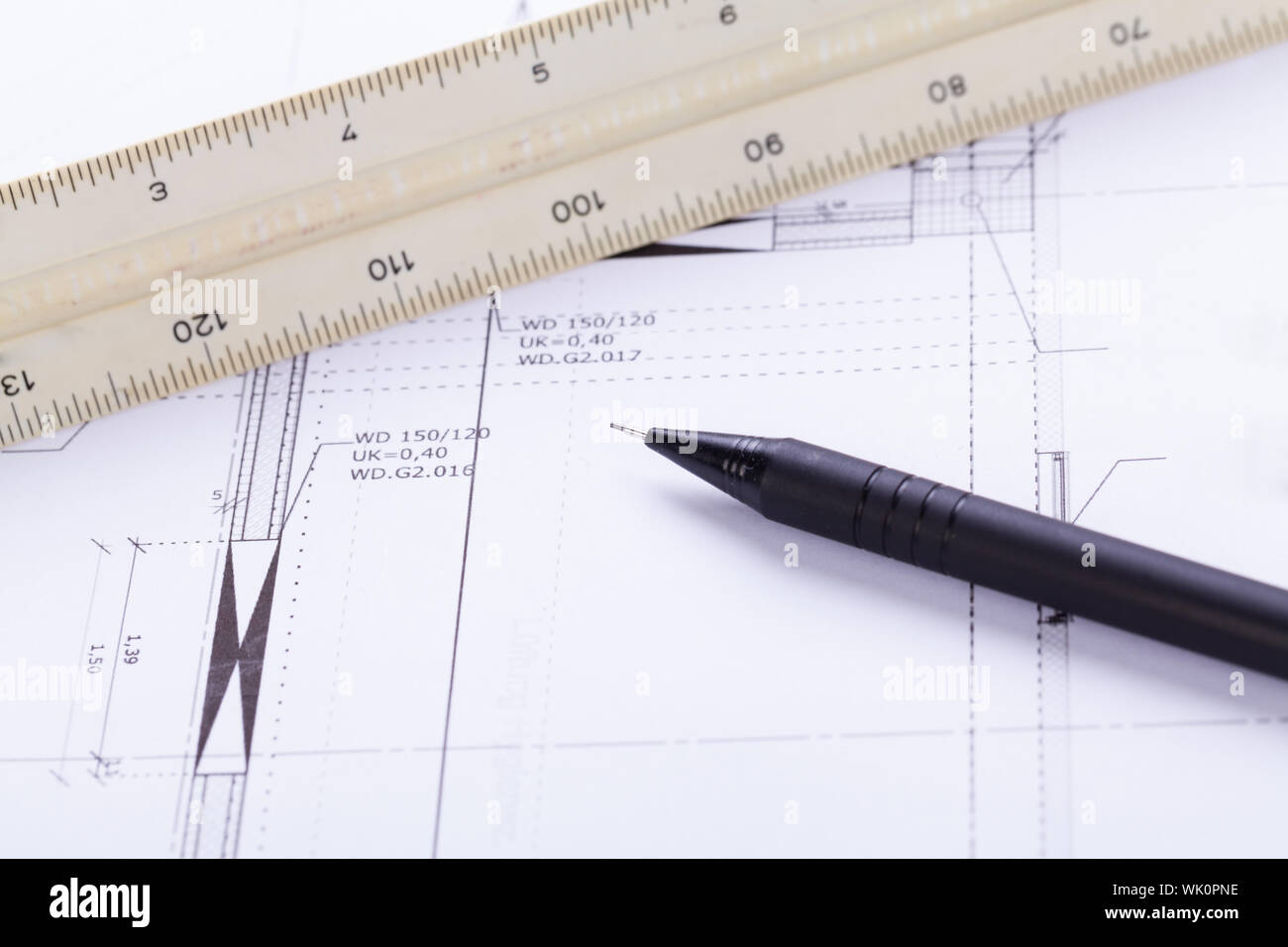 architect blueprints equipment objects workplace Stock Photo - Alamy