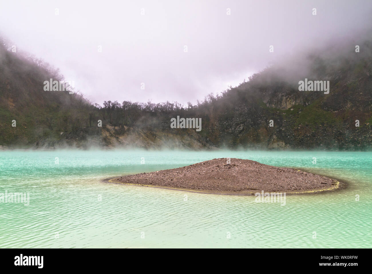 Sand island in the volcanic crater lake in Bandung highland in West ...