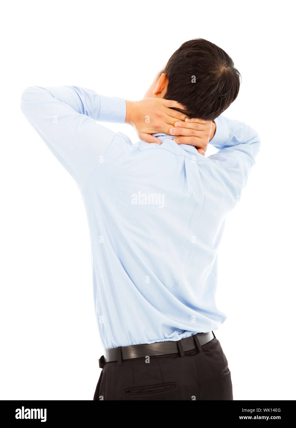 young man holding hands on neck Stock Photo - Alamy