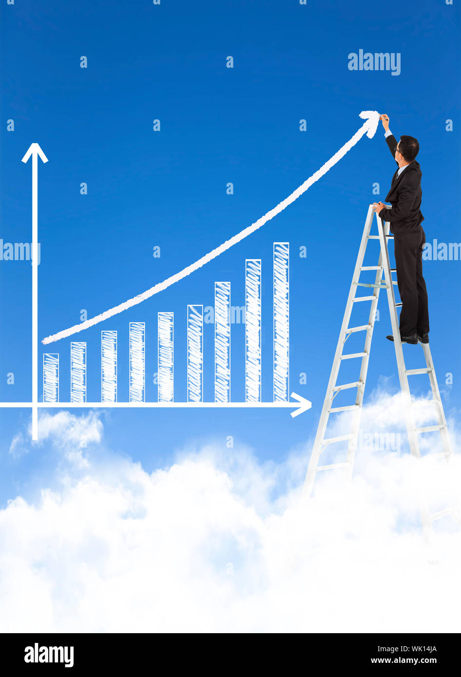 business man writing growth bar chart with sky background Stock Photo ...