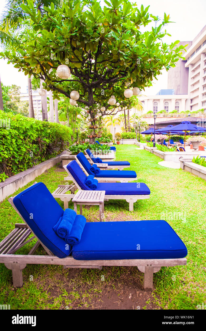 Blue chaise lounges near pool in luxury resort Stock Photo - Alamy