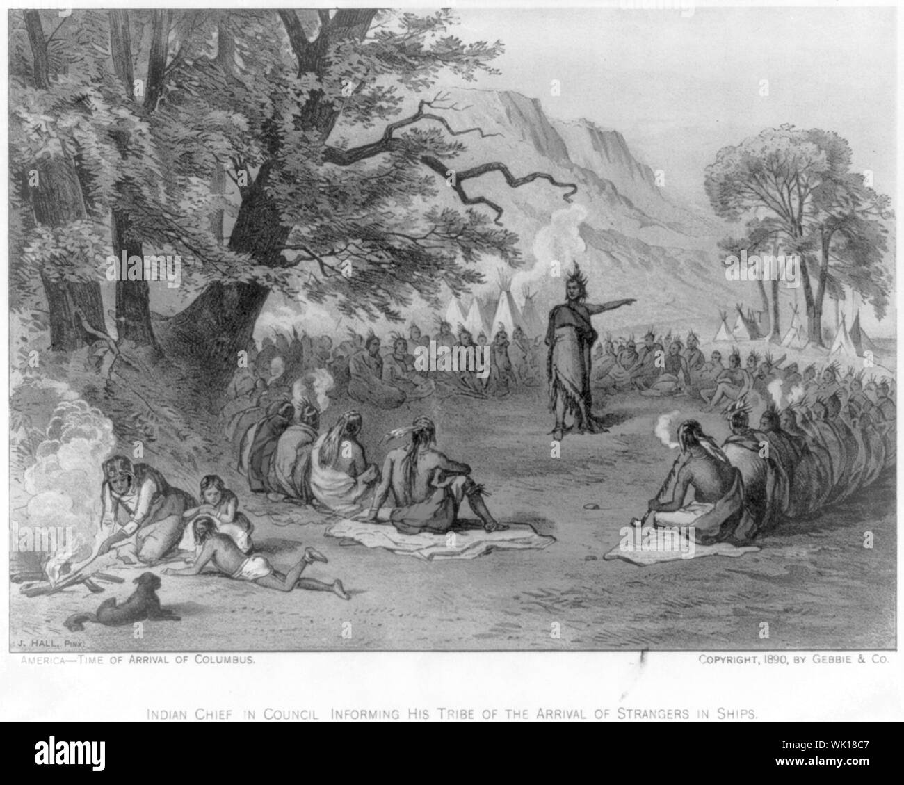 Indian chief in council informing his tribe of the arrival of strangers ...