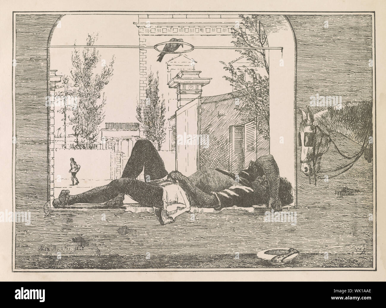 Indian man resting in a window opening as a bird and horse look on ...