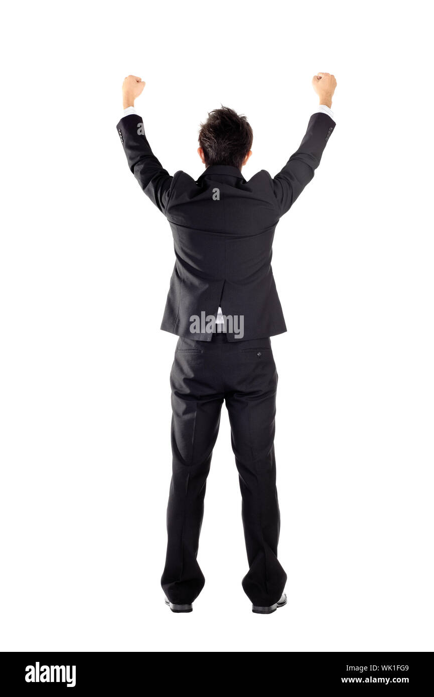 Successful business man raising hand, isolated on white Stock Photo - Alamy
