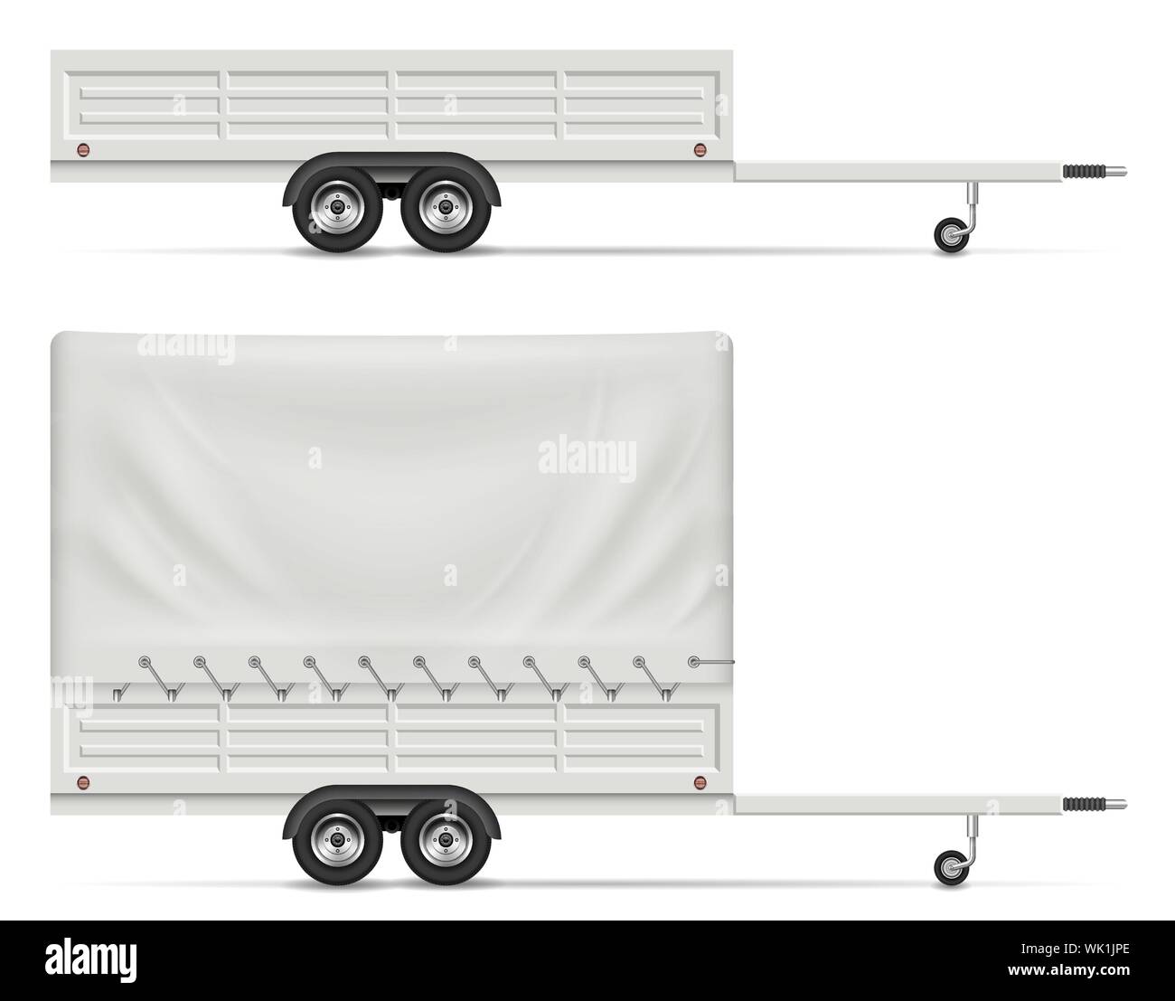 Small car trailer side view isolated on white background. All elements ...