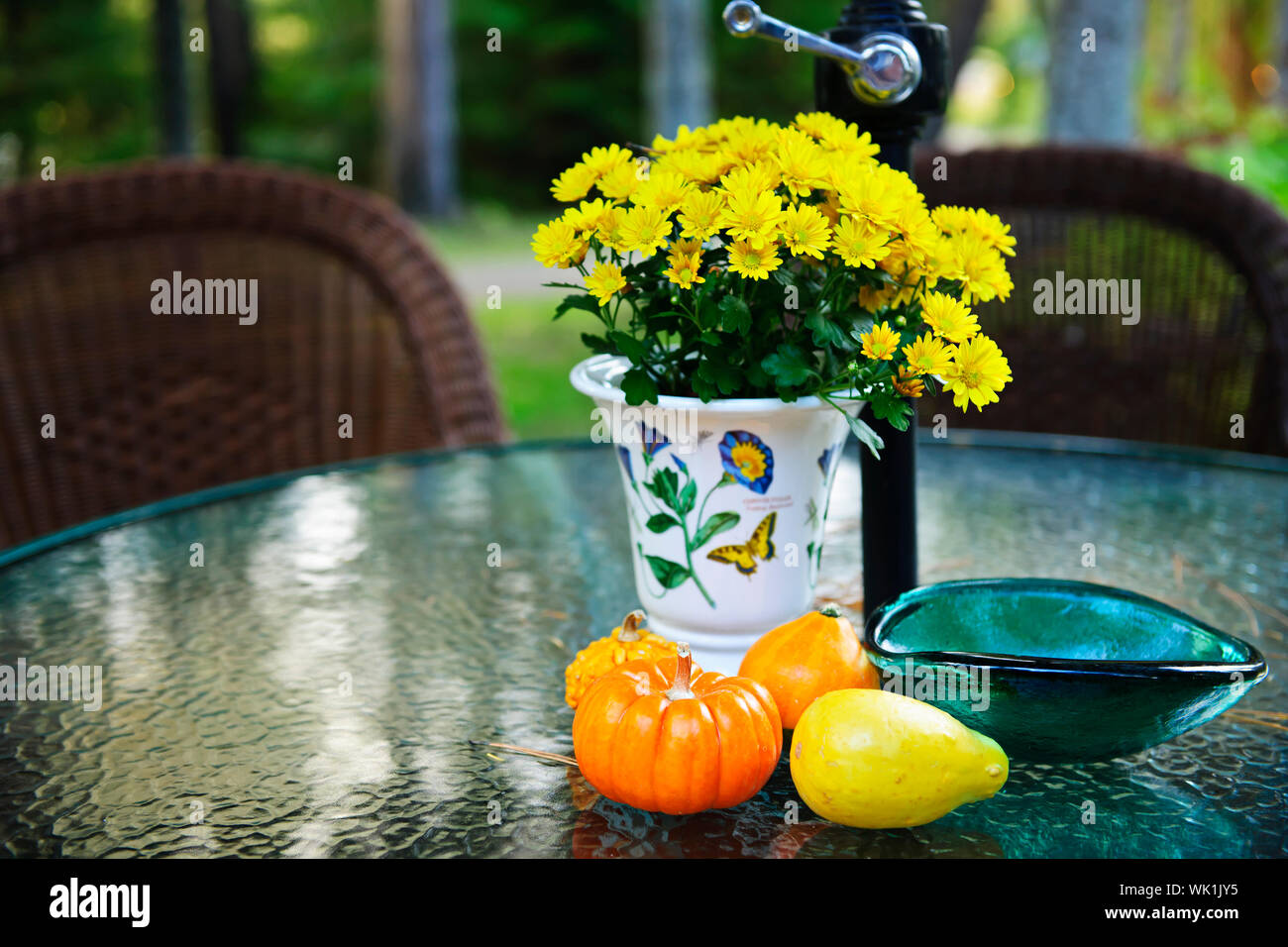 Patio table with flowers and gourds in fall Stock Photo - Alamy