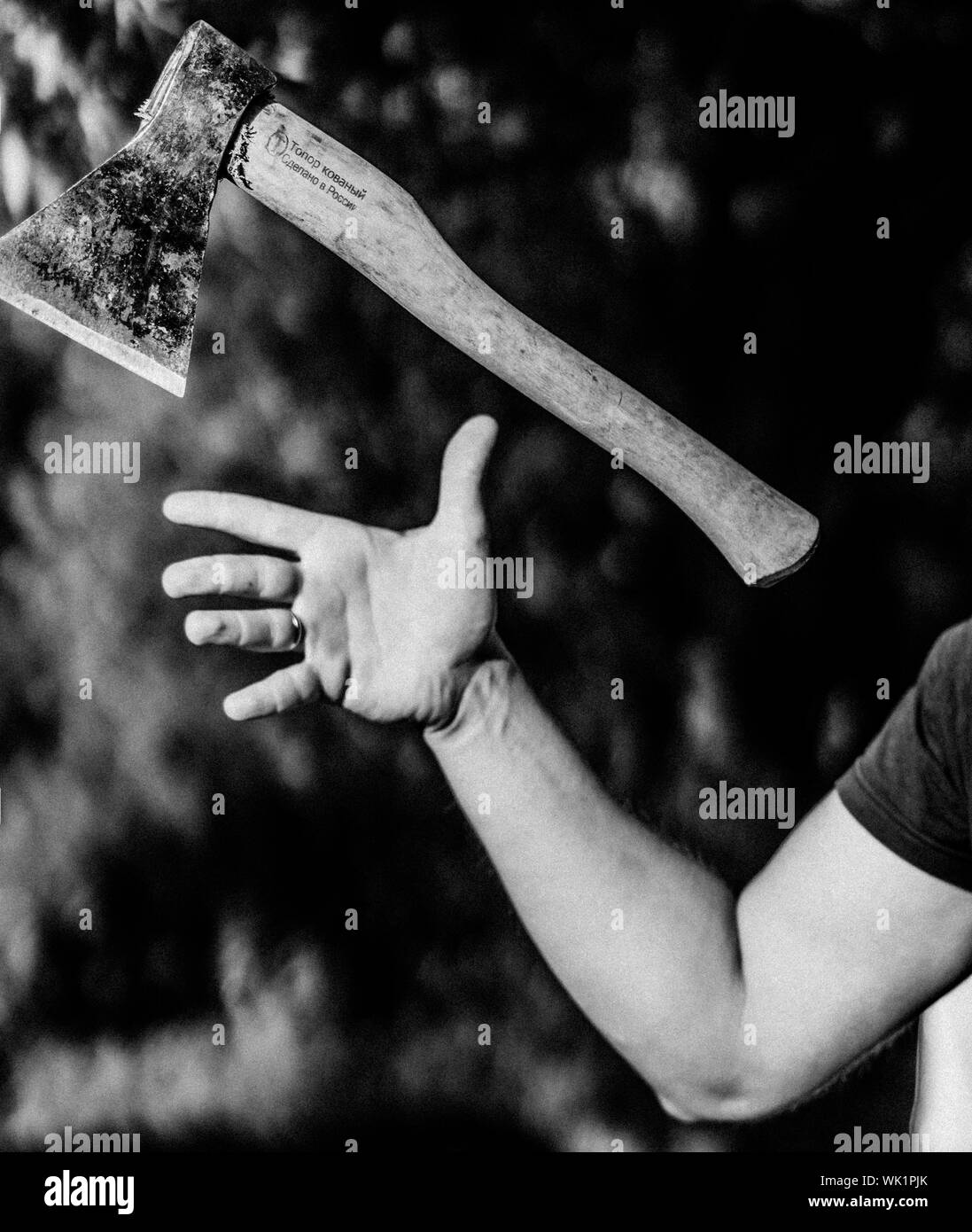 Hand holding axe Black and White Stock Photos & Images - Alamy