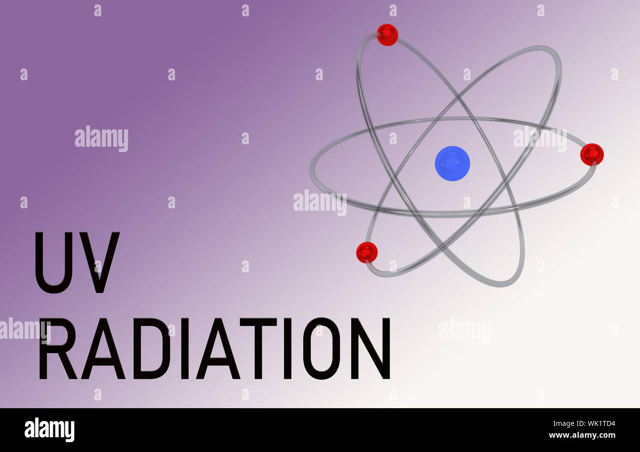 3D illustration of an atom with UV RADIATION title, isolated on violet ...
