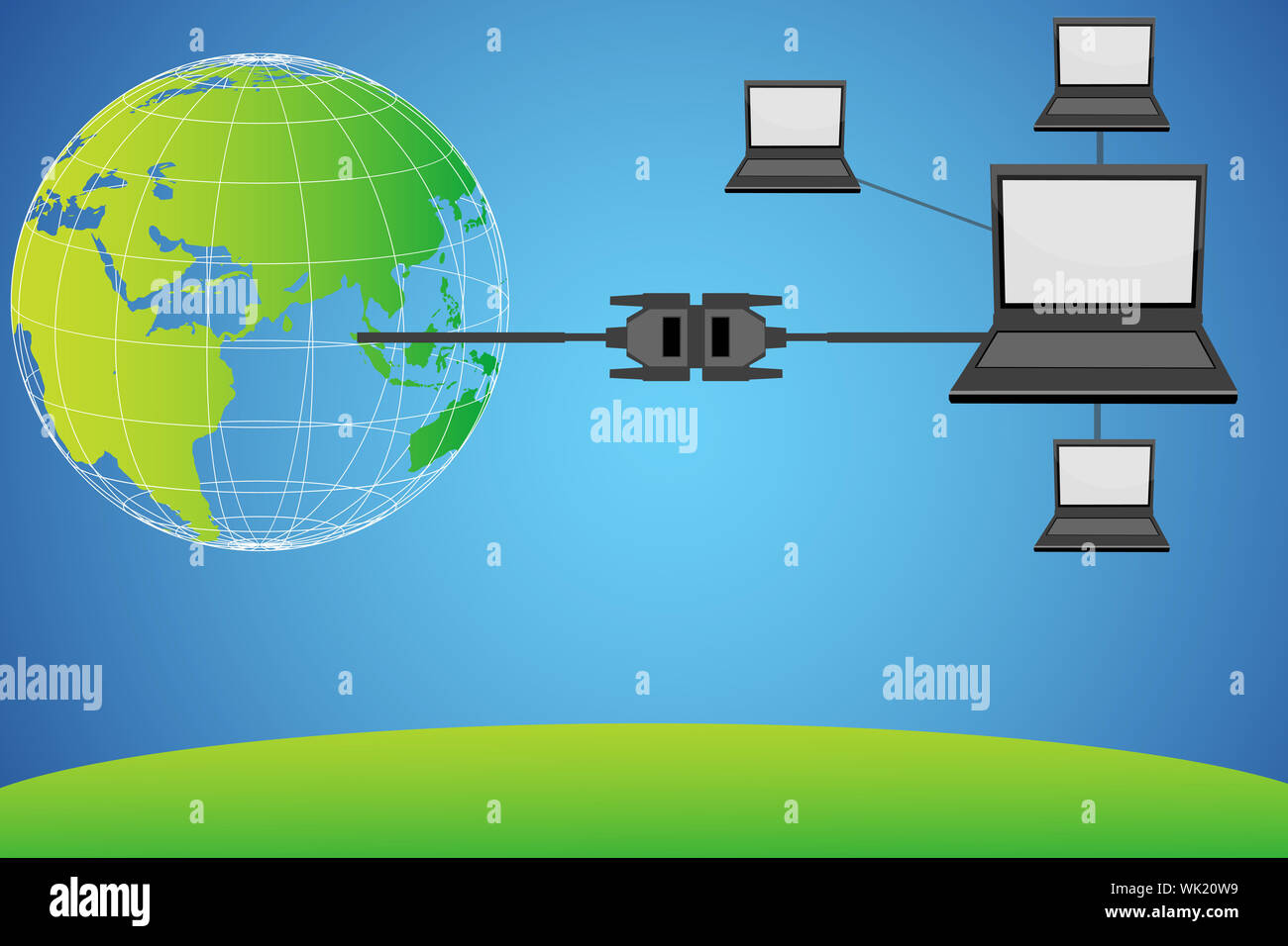 illustration of laptops connected with globe through wire Stock Photo ...