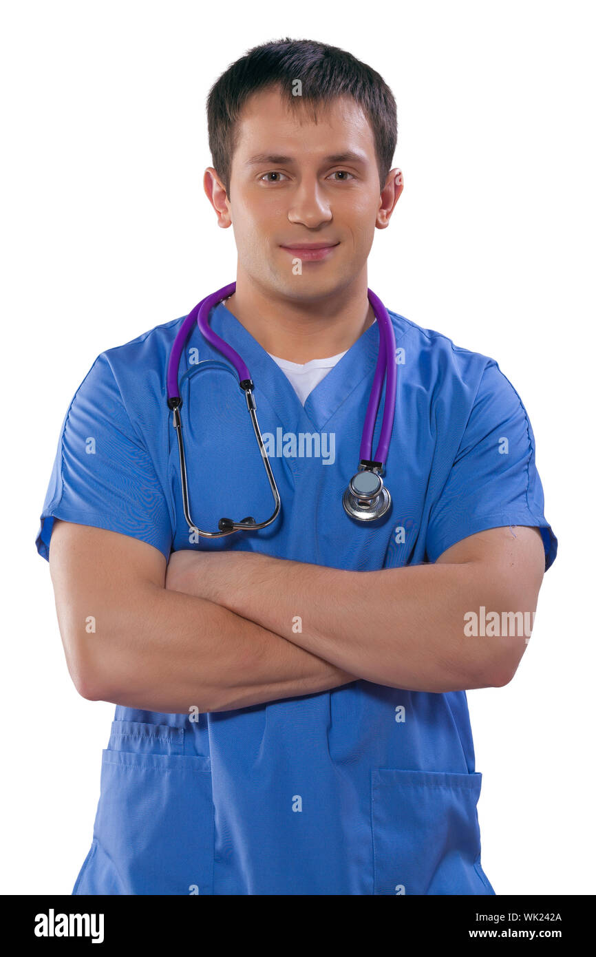 portrait of handsome doctor wearing blue uniform isolated on white ...
