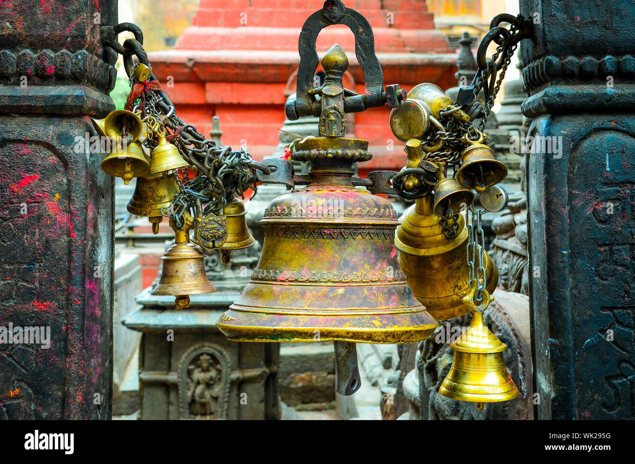 Detail of prayer bells in buddhist and hindu temple Swayambhu ...