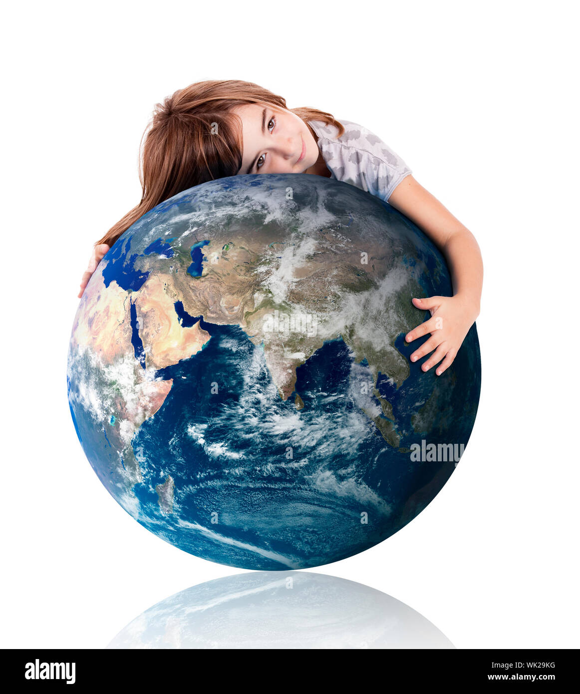Little girl hugging the planet earth over a white background Stock ...