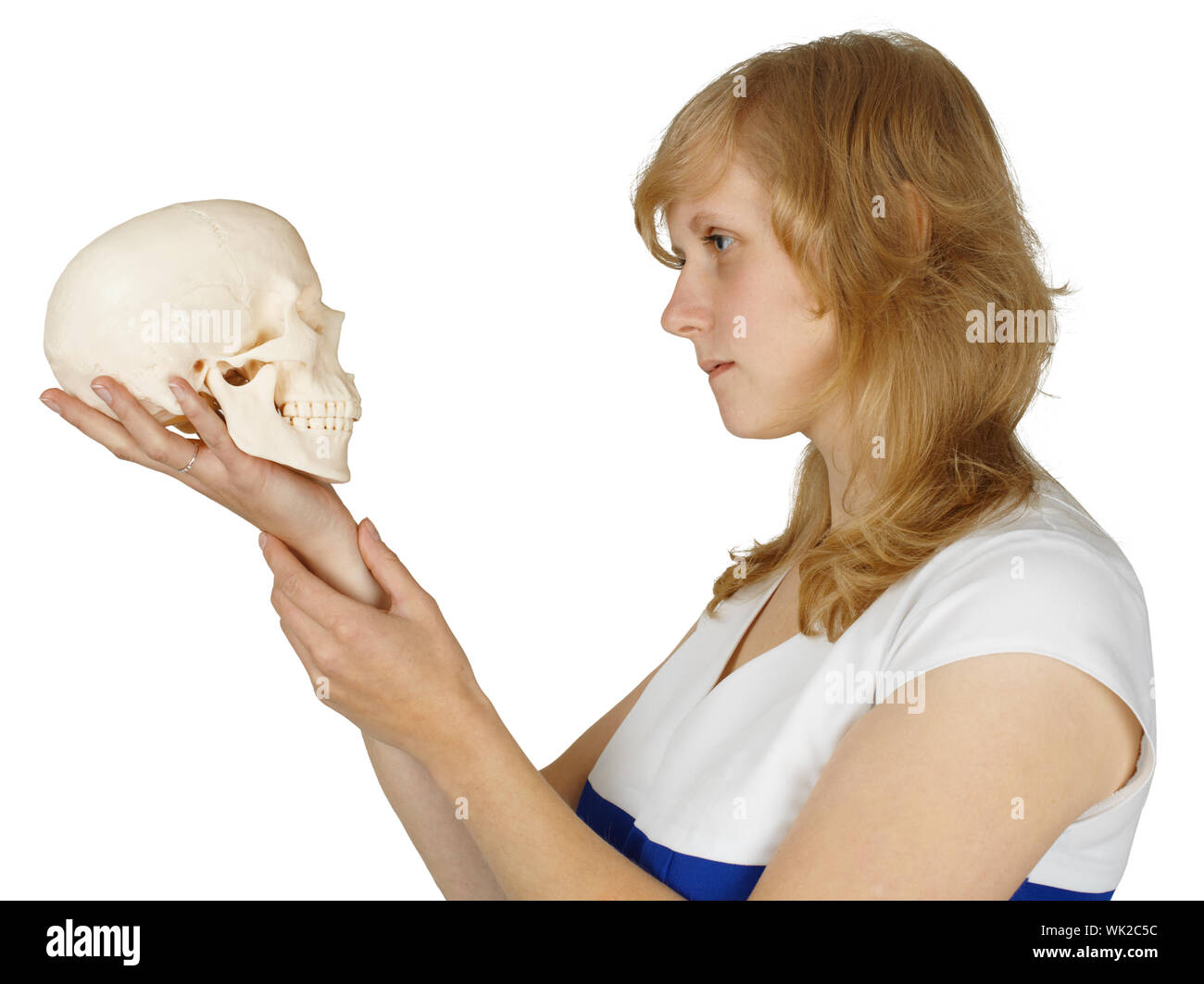 A woman examines a human skull isolated on white background Stock Photo ...