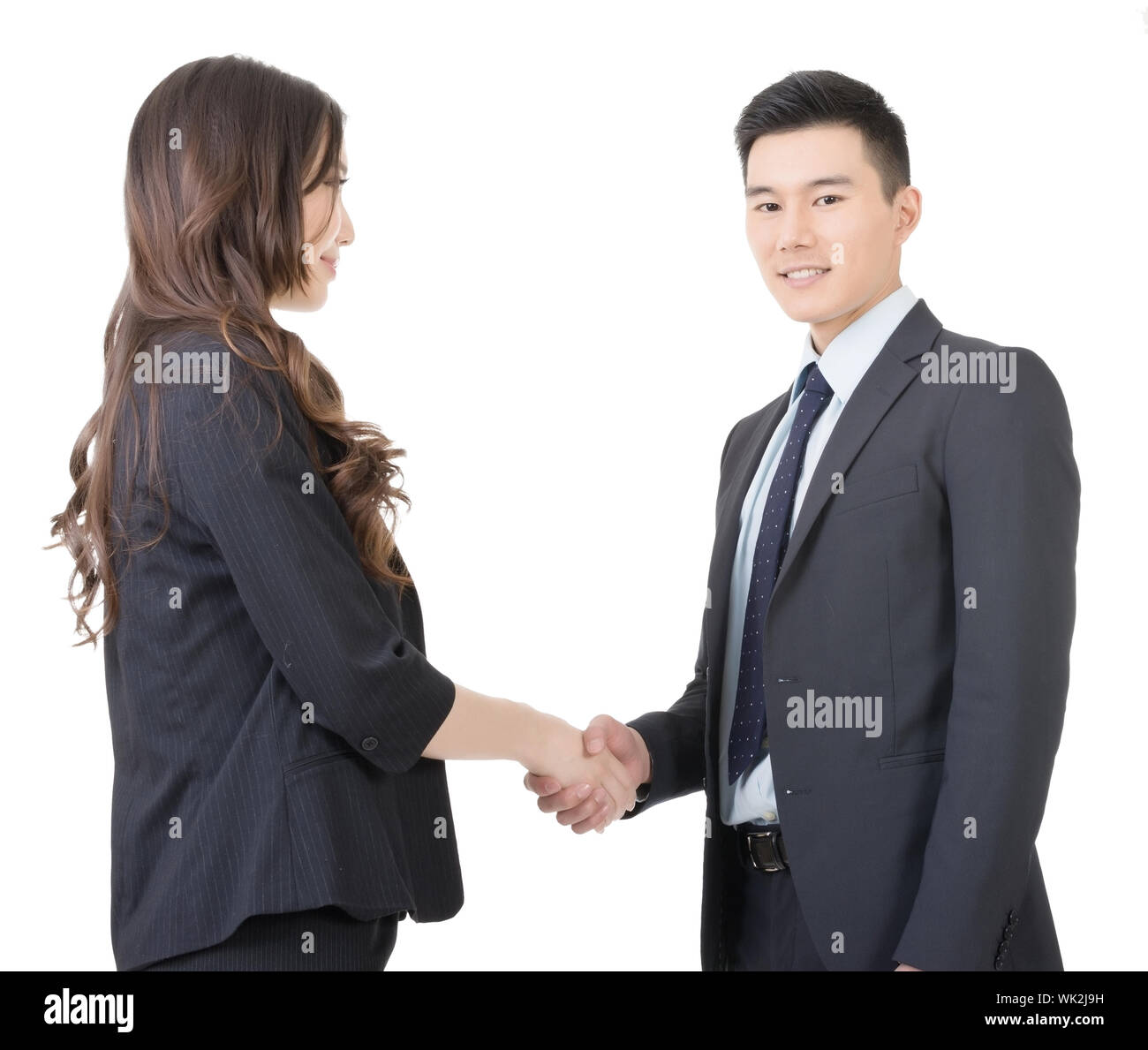 Business woman and man shake hands, closeup portrait isolated on white ...