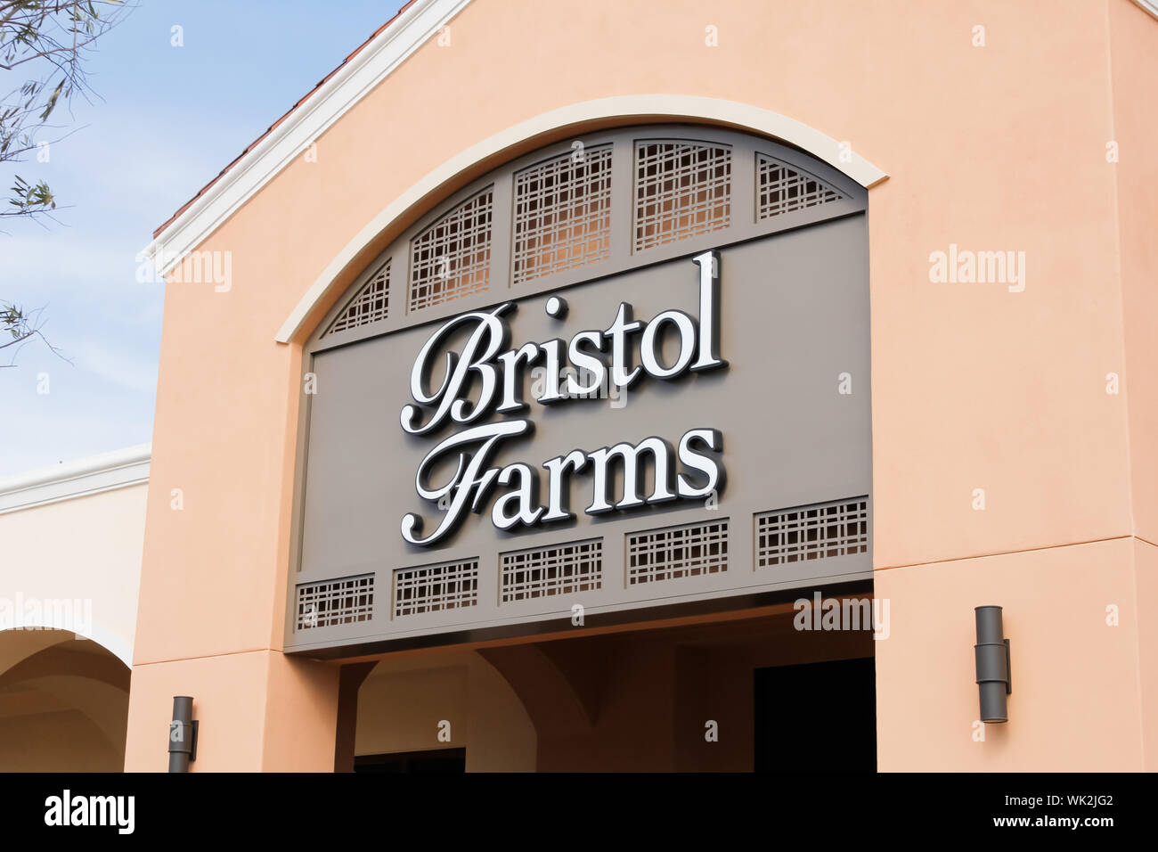 A store front sign for the upscale grocery store known as Bristol Farms ...