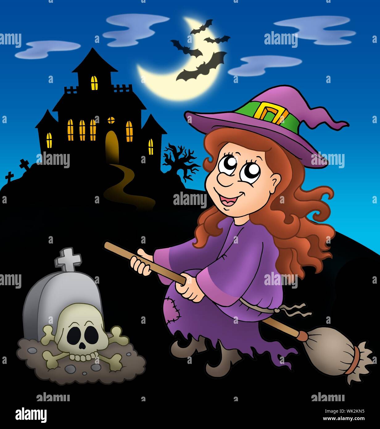 Cute witch on broom with mansion - color illustration Stock Photo - Alamy