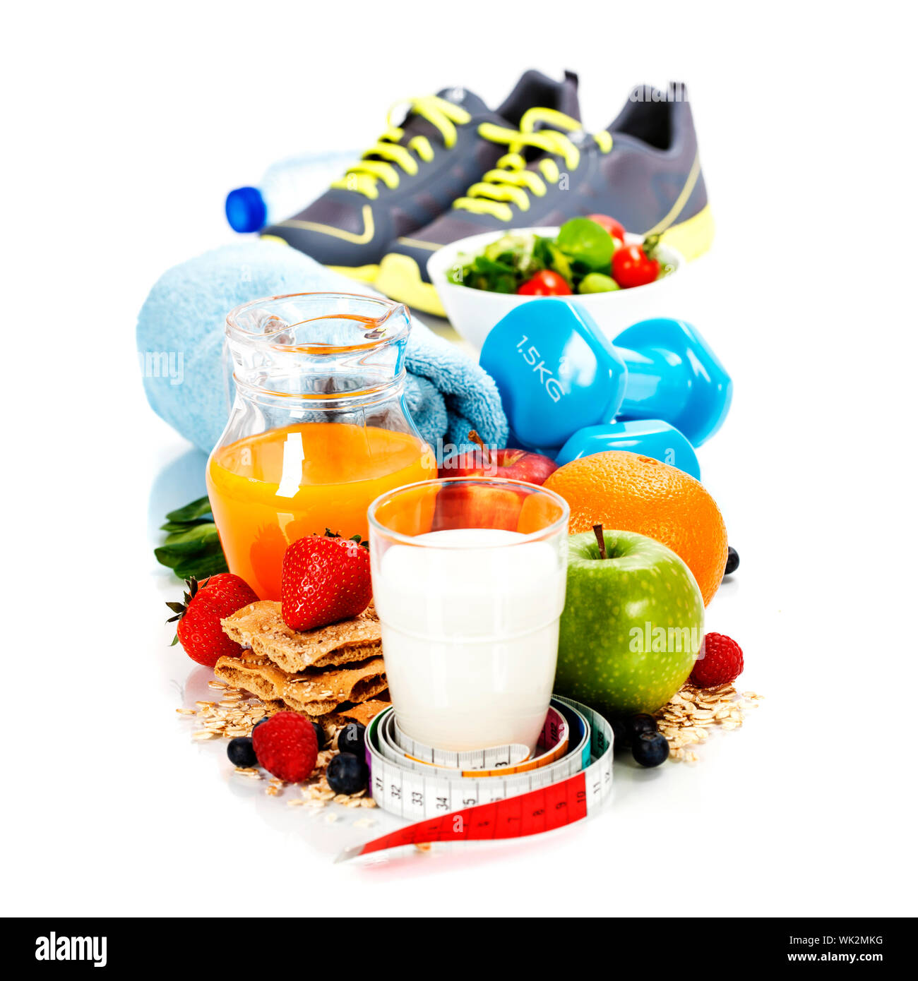 Different tools for sport and diet food on white background - sport ...