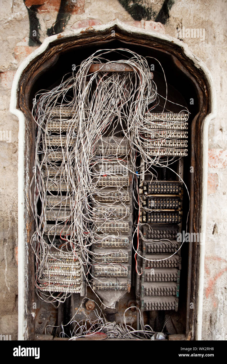 An old telephone central box with many wires exposed Stock Photo - Alamy