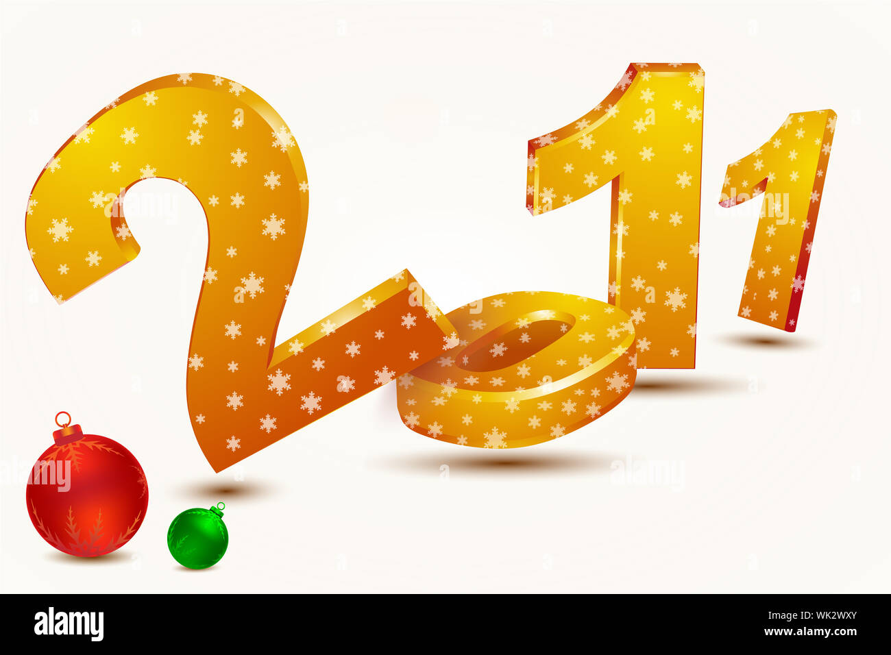 illustration of shiny 2011 text with decorative balls laying on floor ...