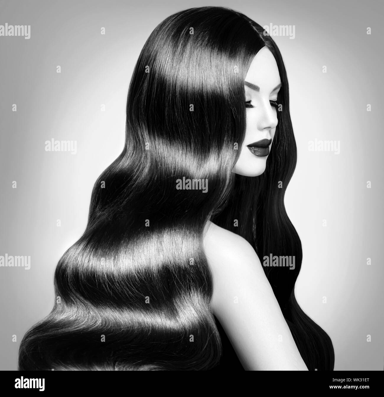 Woman long healthy shiny hair model Black and White Stock Photos ...