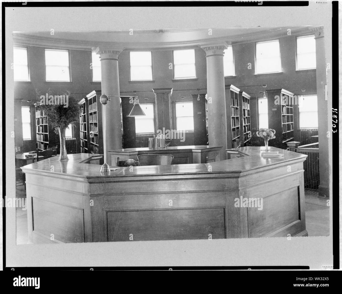 Interior of public library, showing central desk, Marshalltown, Iowa ...
