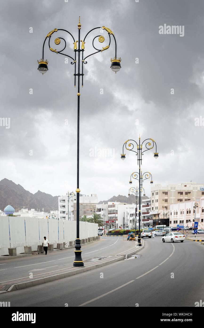 Streetlights in Muscat, Oman, at a wolkigenTag Stock Photo - Alamy
