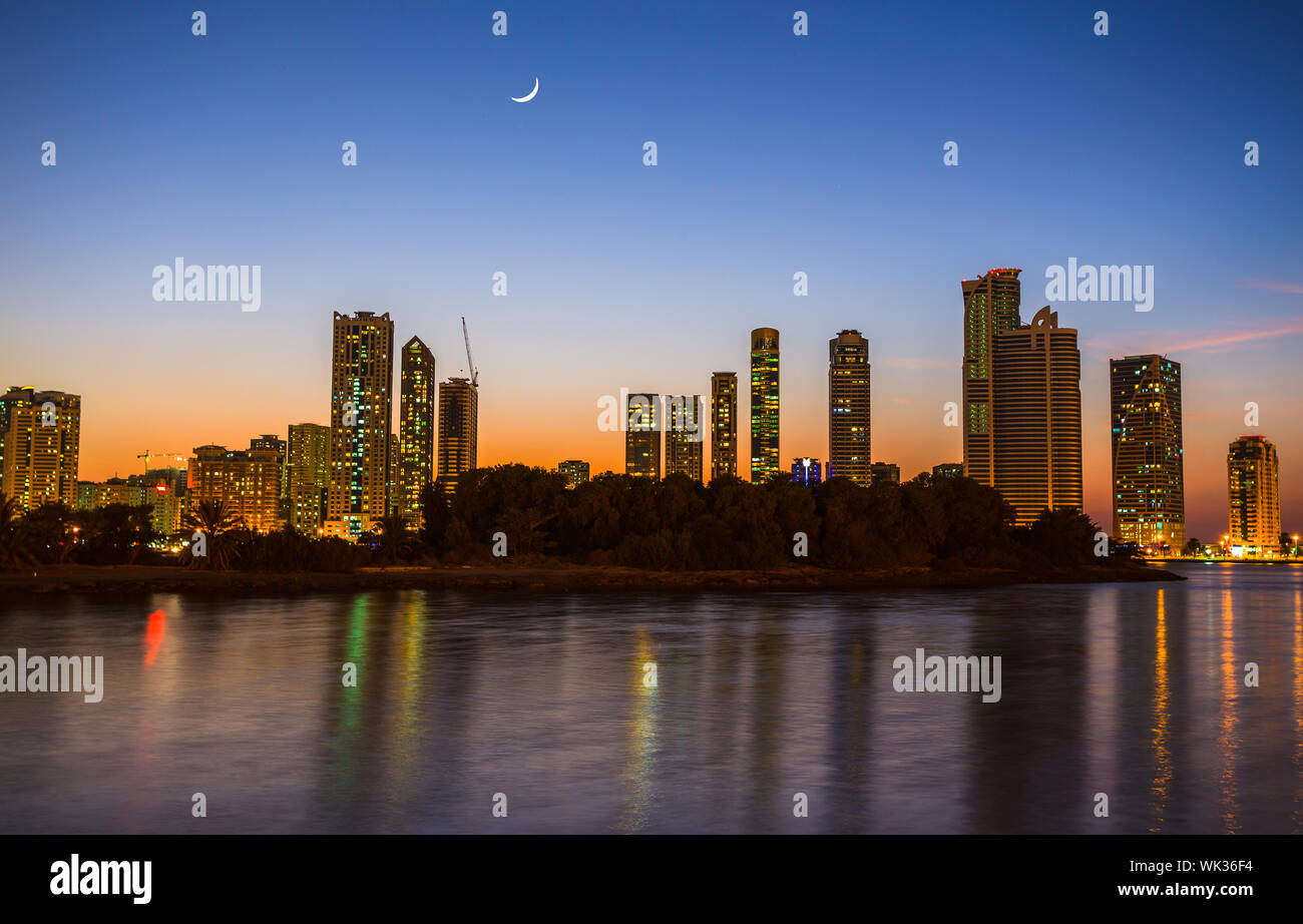 Skyscrapers in Sharjah city. Khalid Lagoon.UAE Stock Photo - Alamy